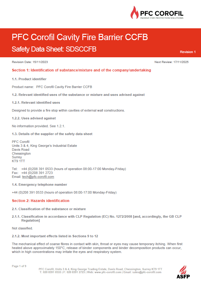 PFC Corofil Cavity Fire Barrier TDSCCFB | PFC Corofil
