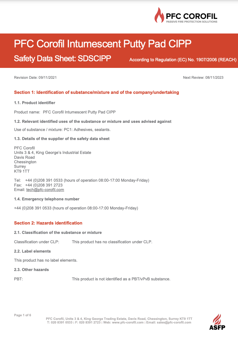 PFC Corofil Intumescent Putty Pad CIPP | PFC Corofil